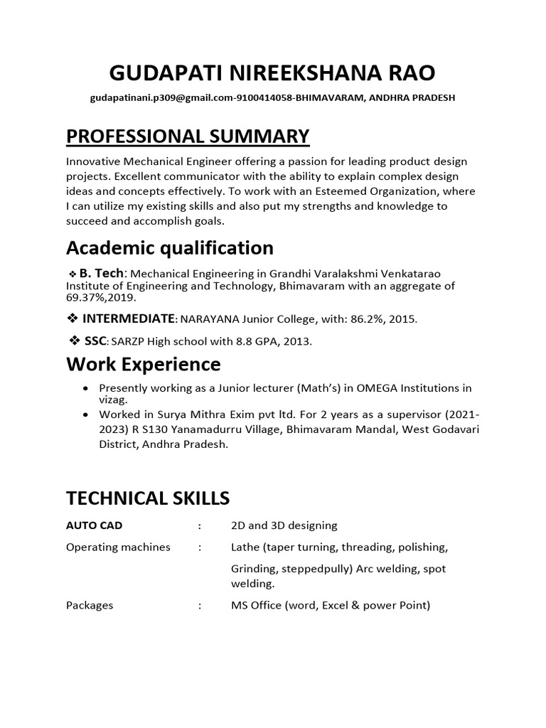 Gudapati Nireekshana Rao: Professional Summary | PDF