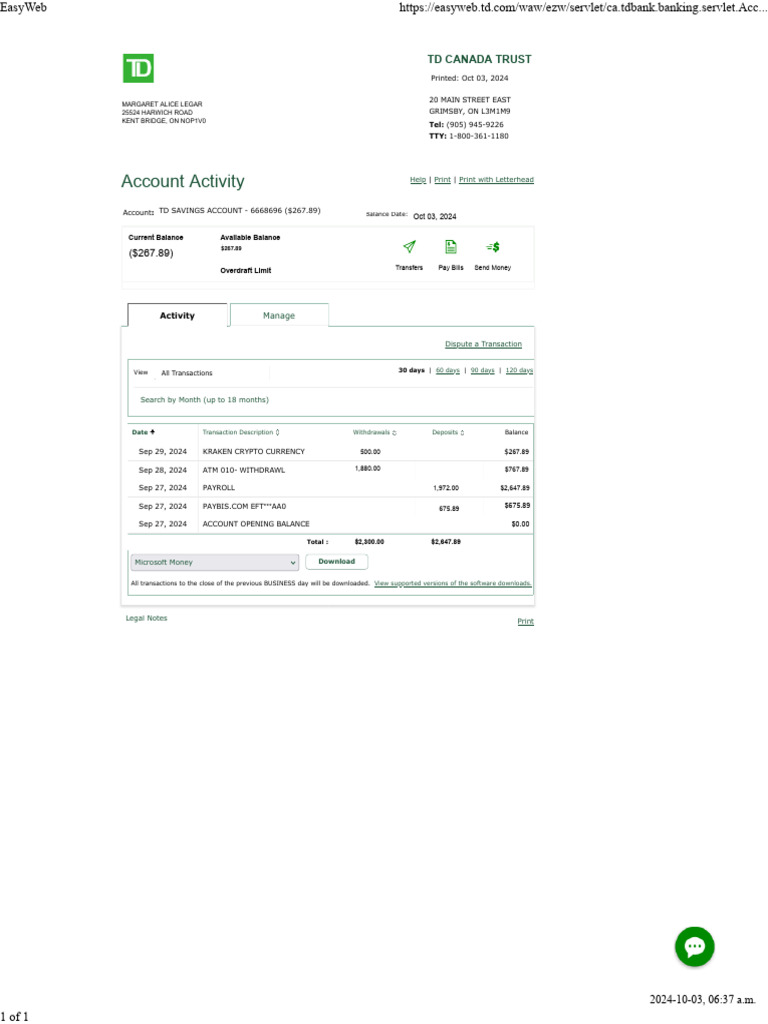 TD Canada Trust EasyWeb Account Summary | PDF | Transaction Account ...