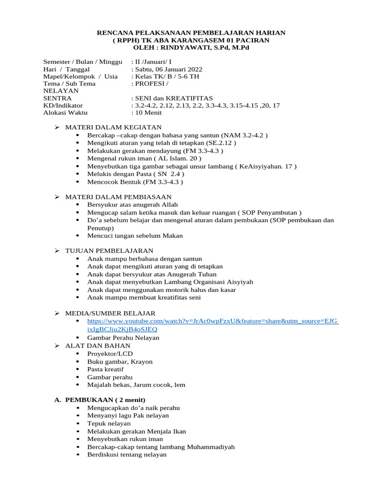 RPPH Tema Nelayan untuk TK B | PDF | Kesehatan Holistik