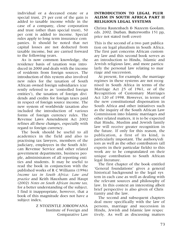 Church 2003 Introduction To Legal Pluralism in South Africa Part II ...