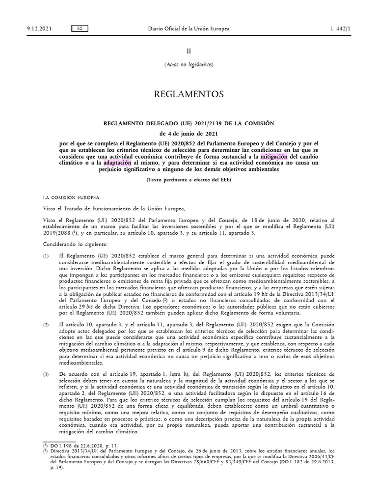 Reglamento Delegado 2021-2139 (2 Obetivos - Mitigacion y Adaptacion) | PDF | Mitigación del ...