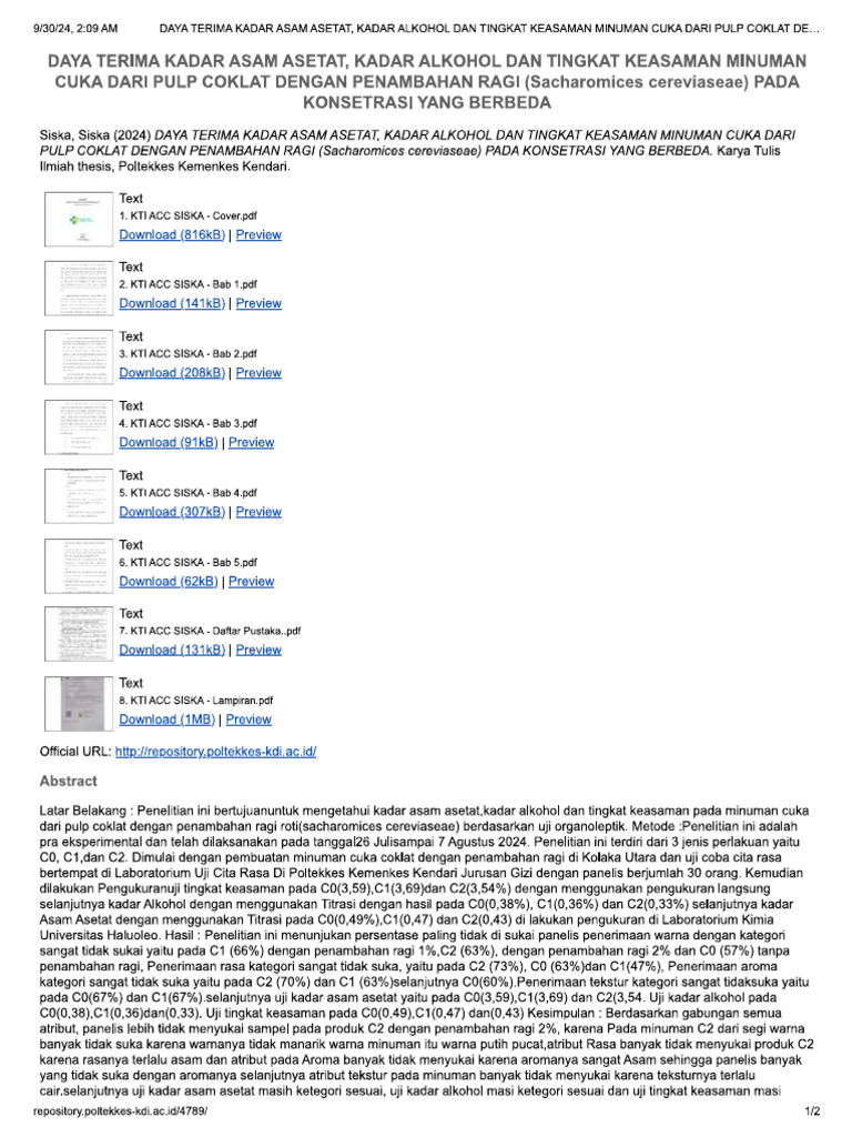 Daya Terima Kadar Asam Asetat, Kadar Alkohol Dan Tingkat Keasaman Minuman Cuka Dari Pulp Coklat ...