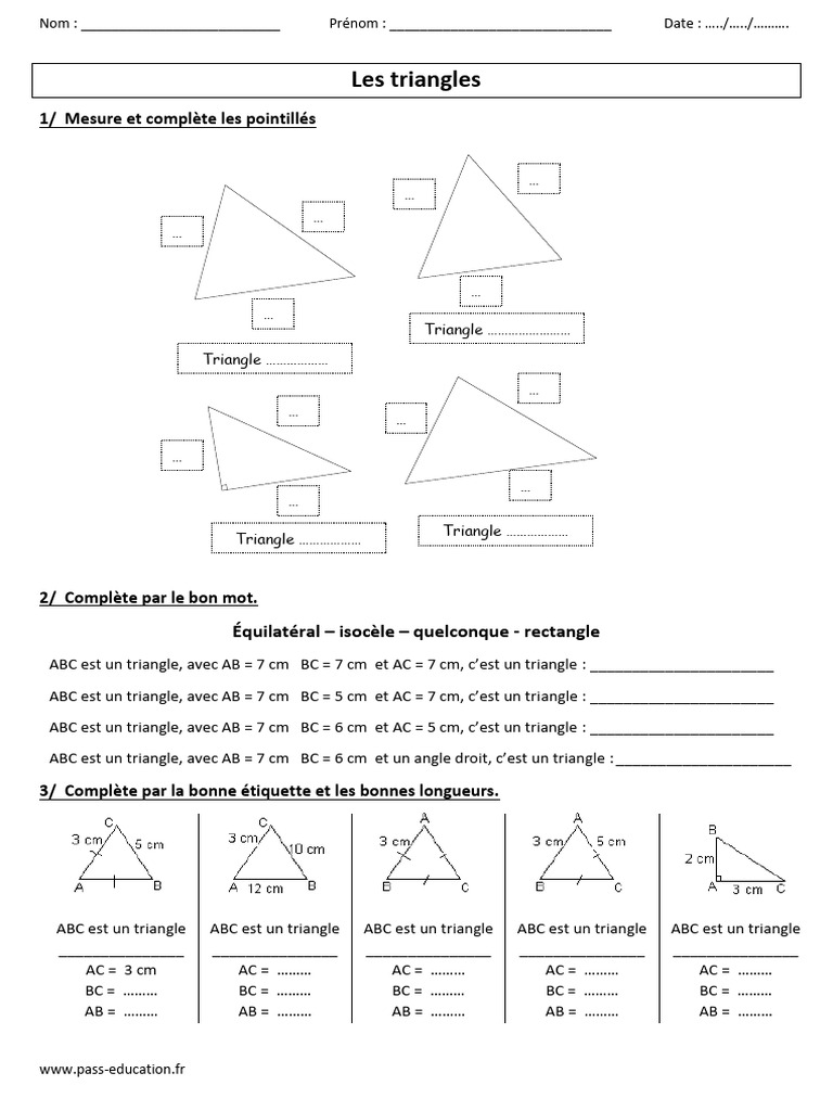 Exercices sur les triangles CE2 | PDF | Triangle | Géométrie euclidienne