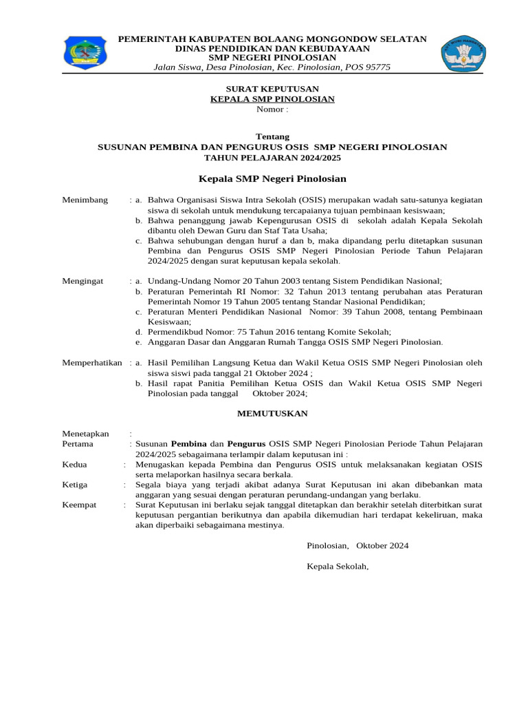 SK Pengurus Osis SMP Negeri Pinolosian Periode 2024-2025 | PDF