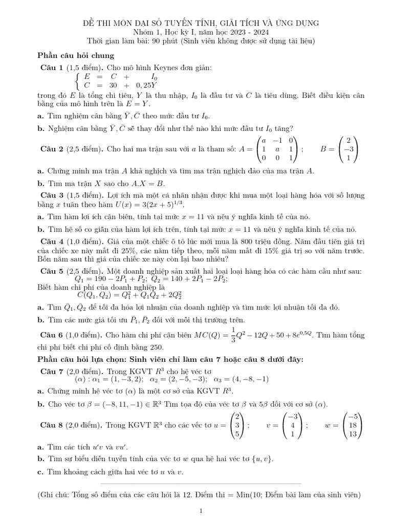 Đề thi MA142 - N1K1 - 2324 | PDF