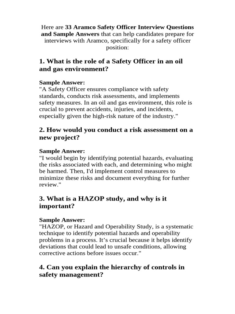 Aramco Safety Officer Interview Guide | PDF | Safety | Risk
