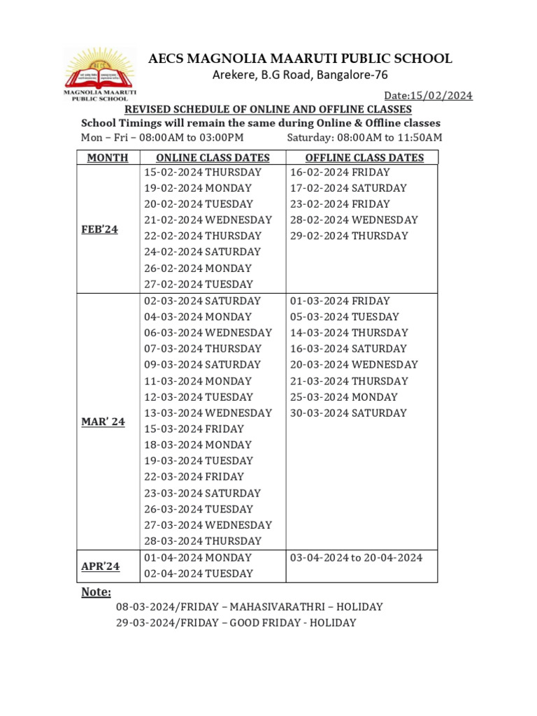 AECS Magnolia School Class Schedule 2024 | PDF