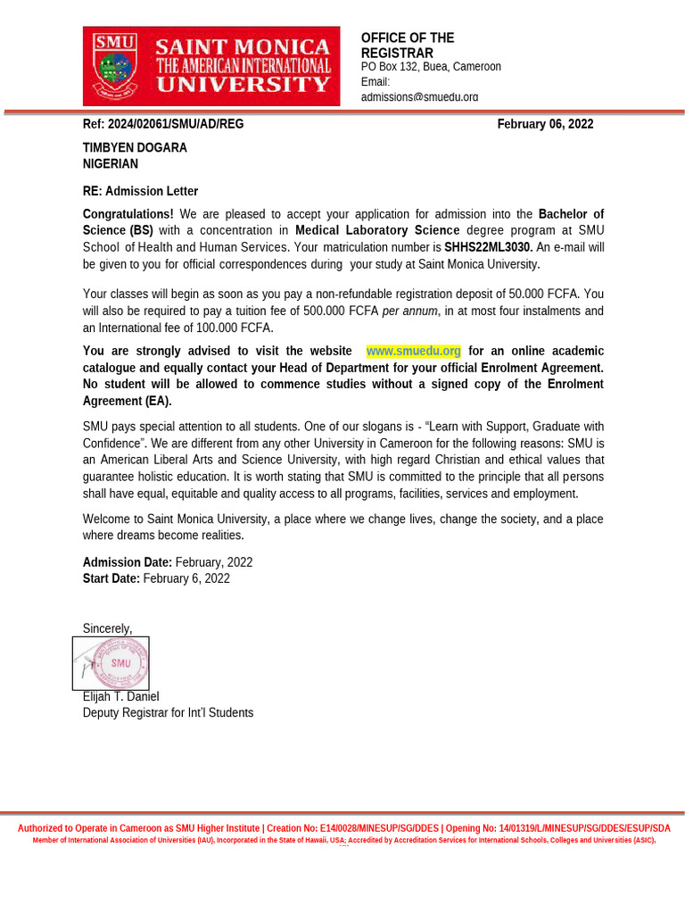 FATOKI MLS ADMISSION Letter | PDF