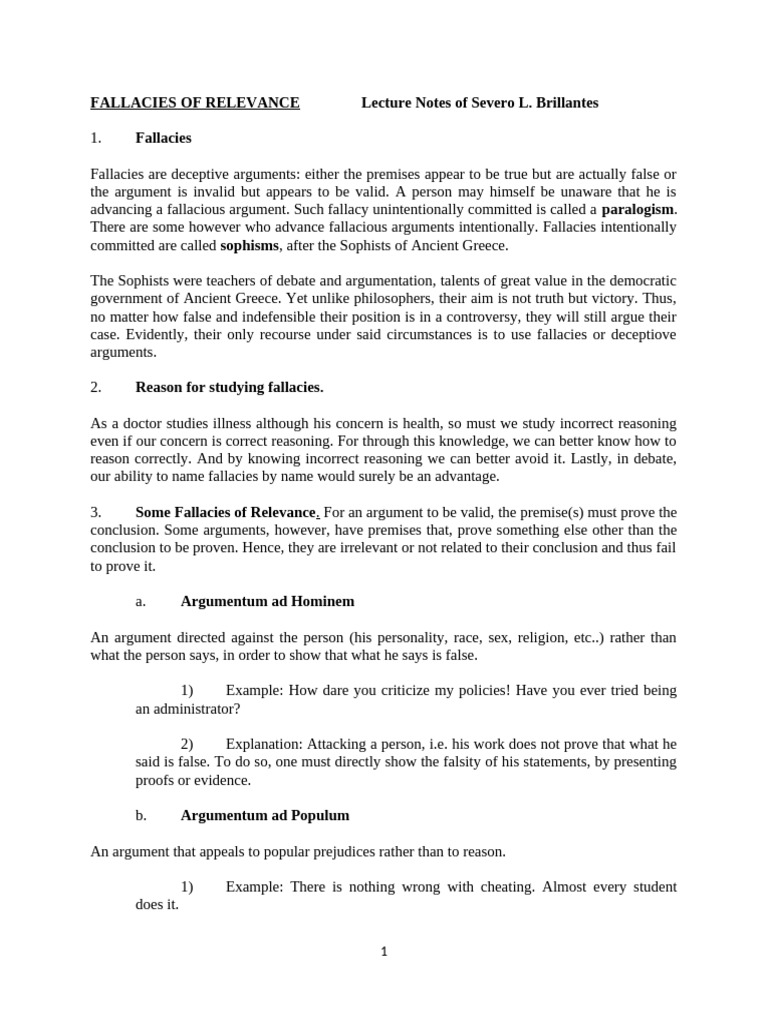 G. FALLACIES OF RELEVANCE Lecture | PDF | Fallacy | Argument