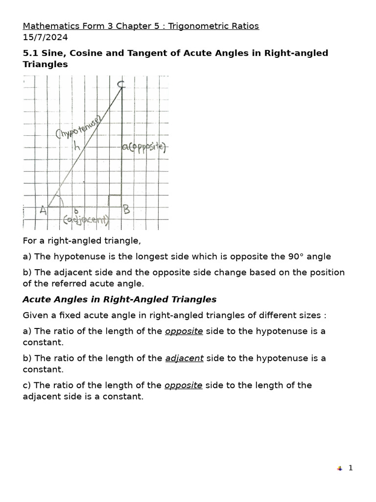 Mathematics Form 3 - Chapter 5 Trigonometric Ratios | PDF ...