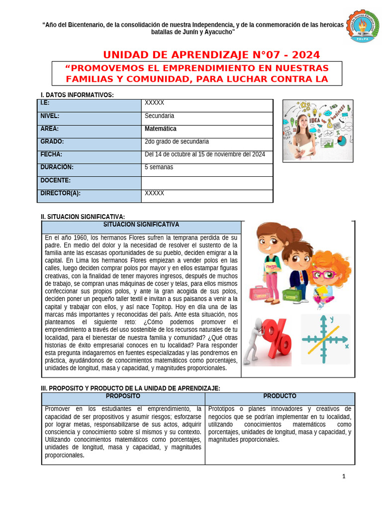 Unidad de Aprendizaje N°07 - 2024: "Promovemos El Emprendimiento en Nuestras Familias Y ...
