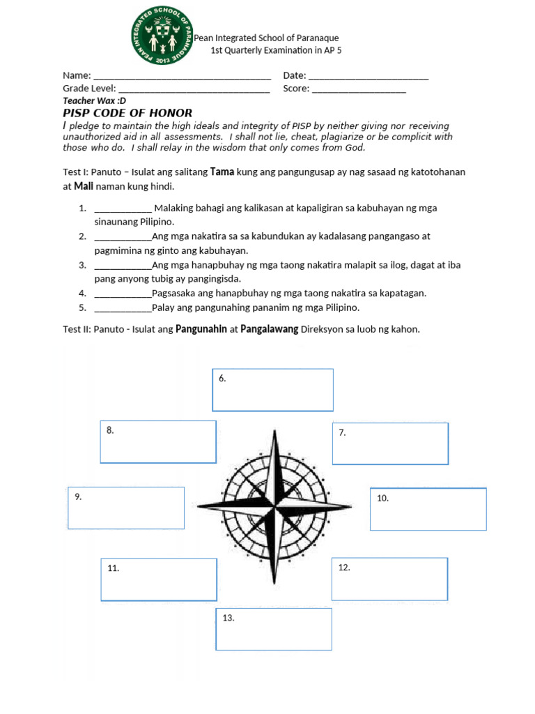 1st Quarterly Exam in AP 5 2024 | PDF