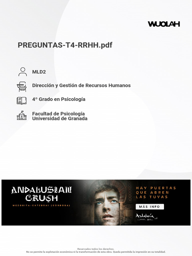 Wuolah Free PREGUNTAS T4 RRHH | PDF | Validez (Estadísticas) | Gestión de recursos humanos