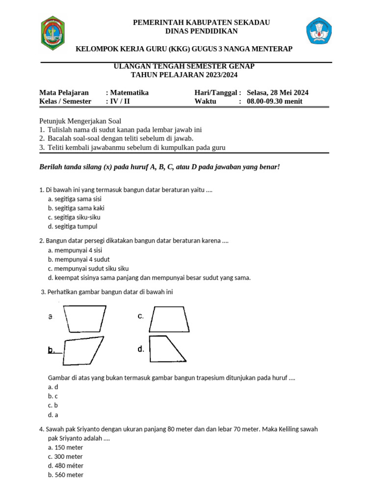 Soal - MM - Kelas - 4 - SEMESTER 2 | PDF