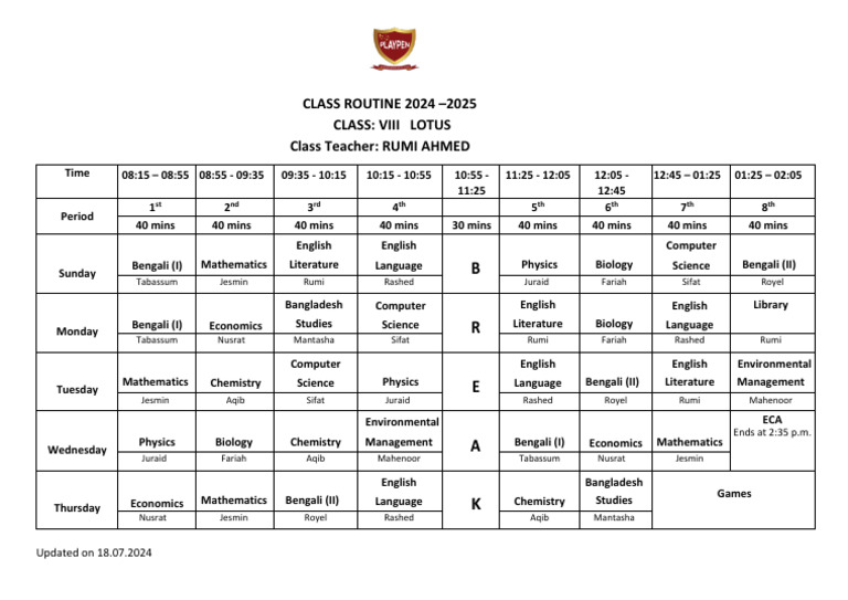 Class Routine VIII (Lotus) 2024 - 2025 | PDF