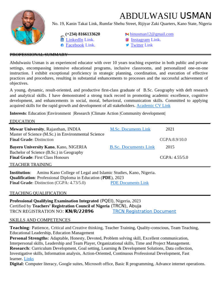 Abdulwasiu Usman's Resume 2024 | PDF | Teachers | Educational Technology