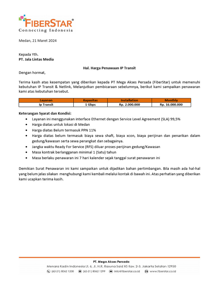Harga IP Transit Fiberstar | PDF