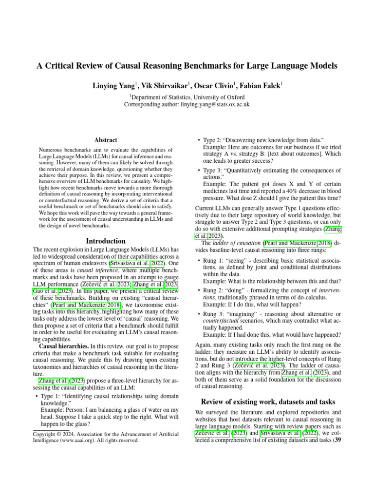 A Critical Review of Causal Reasoning Benchmarks For Large Language Models | PDF | Causality ...