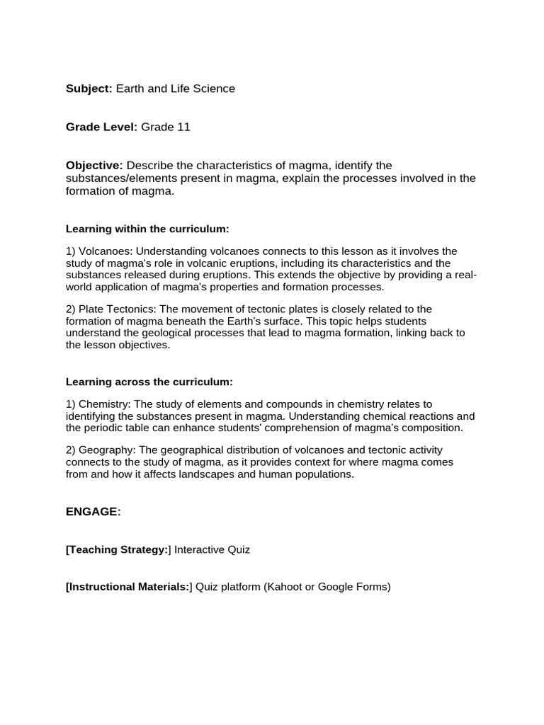 Lesson Plan | PDF | Magma | Volcano