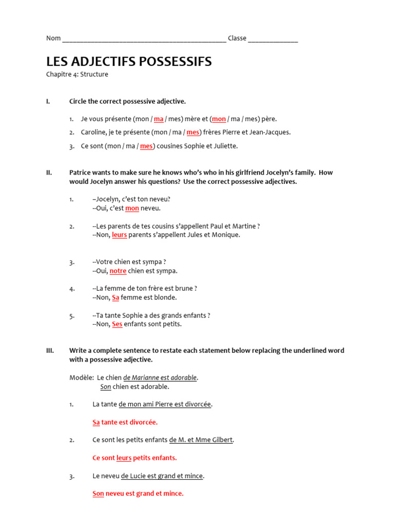 Possessive Adjective Practice ANSWERS | PDF | Mystère, thriller et ...