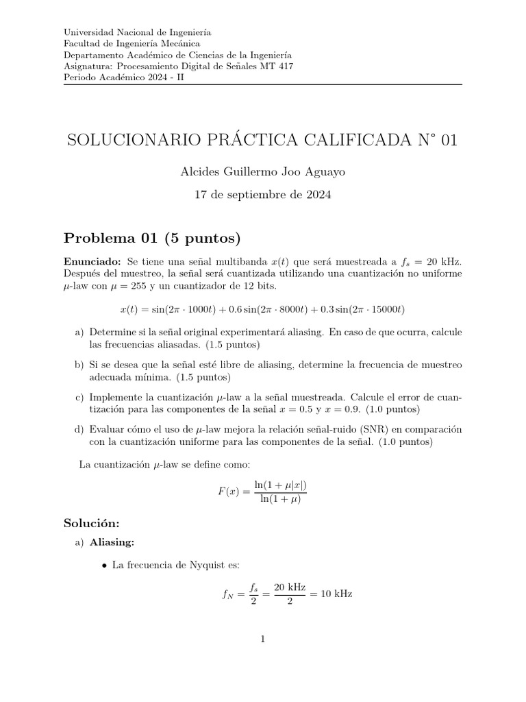 MT417 Solucionario PC1 2024 2 | PDF | Muestreo (procesamiento de señal ...