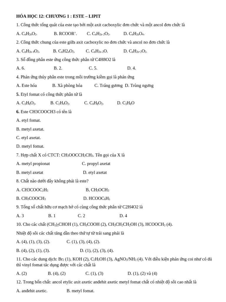 Trac Nghiem Hoa Lop 12 Chuong 1 Este Va Lipit | PDF