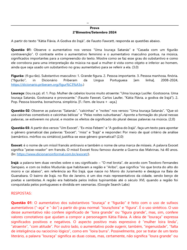 Morfo I Prova 2 E RESPOSTAS | PDF | Palavra | Substantivo