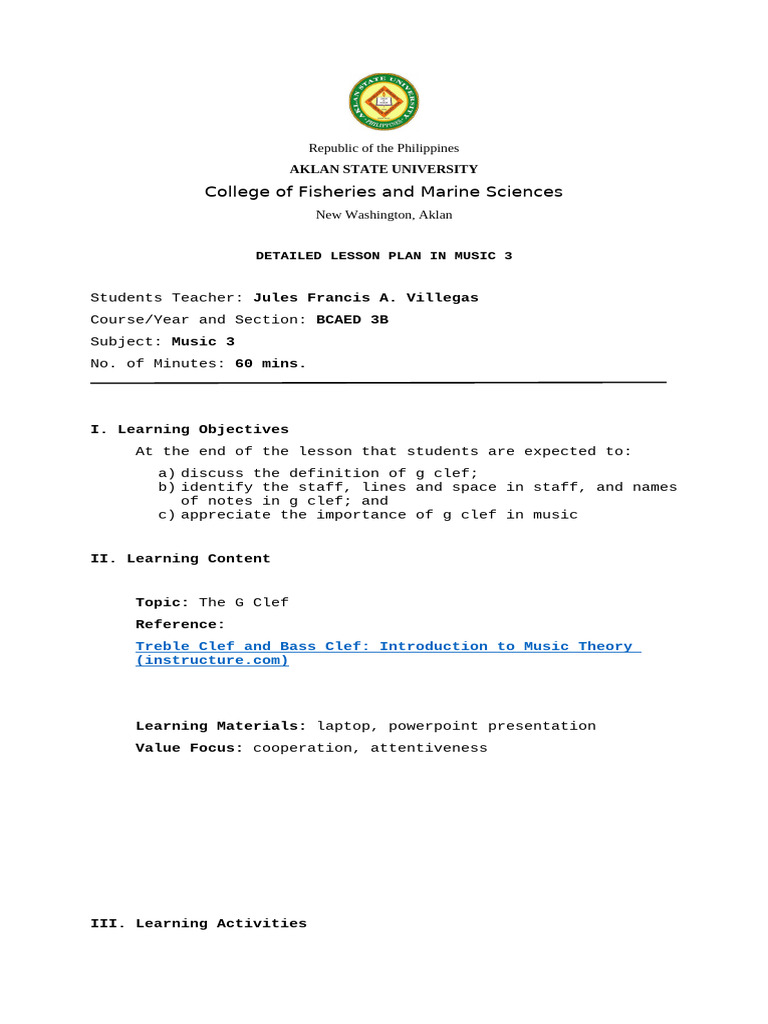G Clef Lesson Plan for Music 3B | PDF | Clef