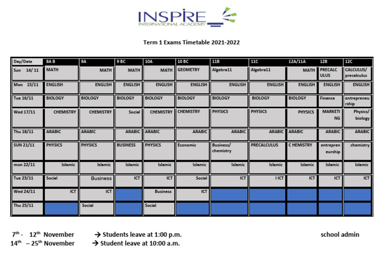 Term1 Exam Timetable 2021 | PDF | Mathematics | Natural Sciences