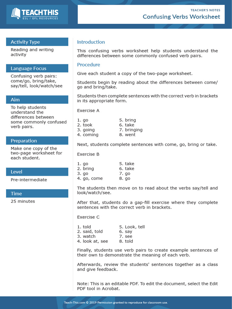 Confusing Verbs Worksheet | PDF | English As A Second Or Foreign Language