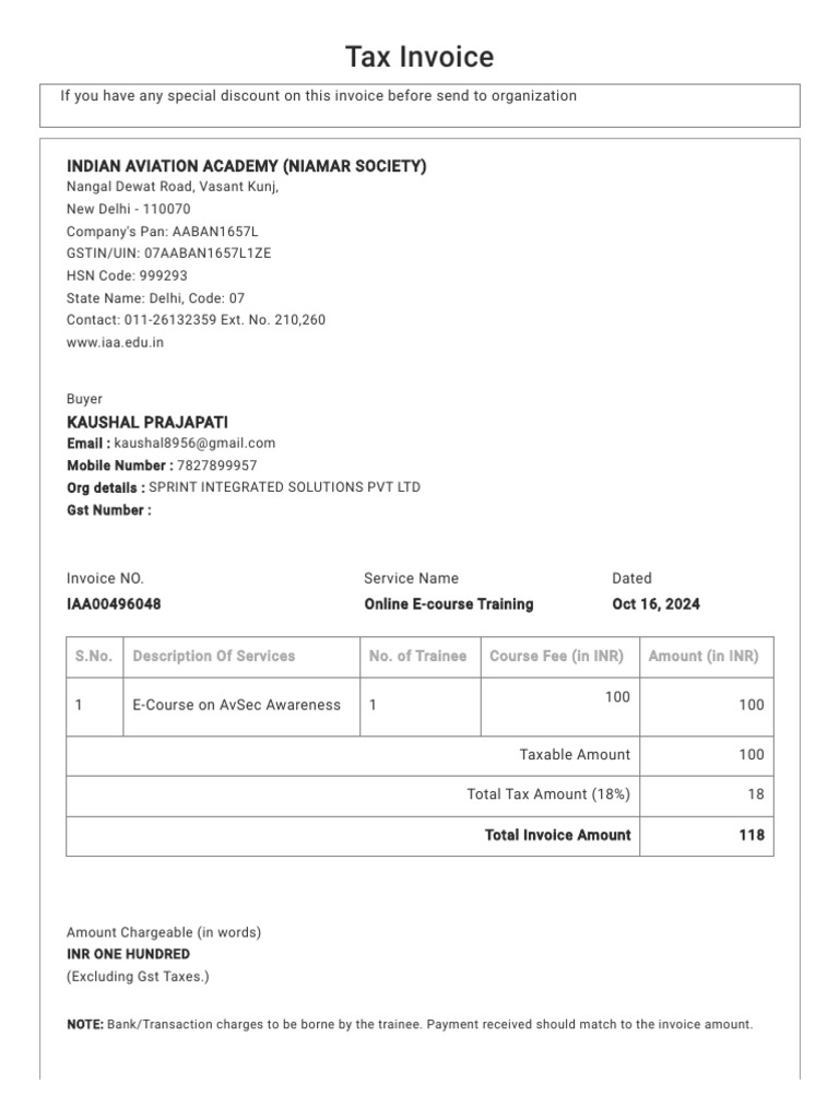Tax Invoice: Indian Aviation Academy (Niamar Society) | PDF