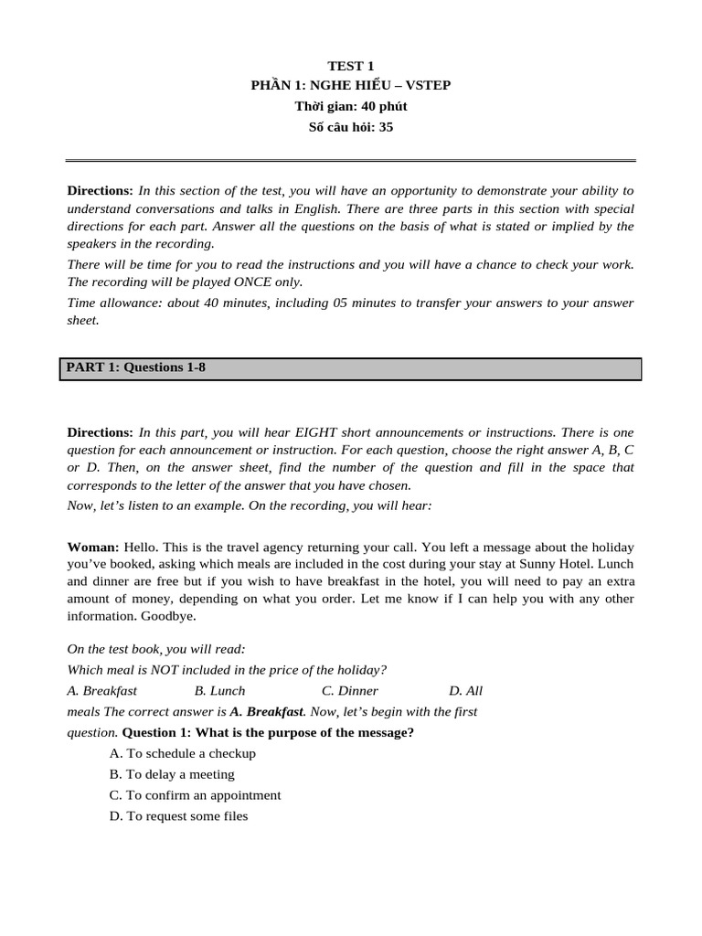 Vstep Test 1-2 | PDF | Meal | Lunch