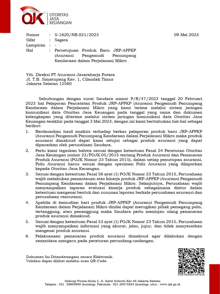 01 - Surat Persetujuan OJK JRP APPKP Mikro | PDF