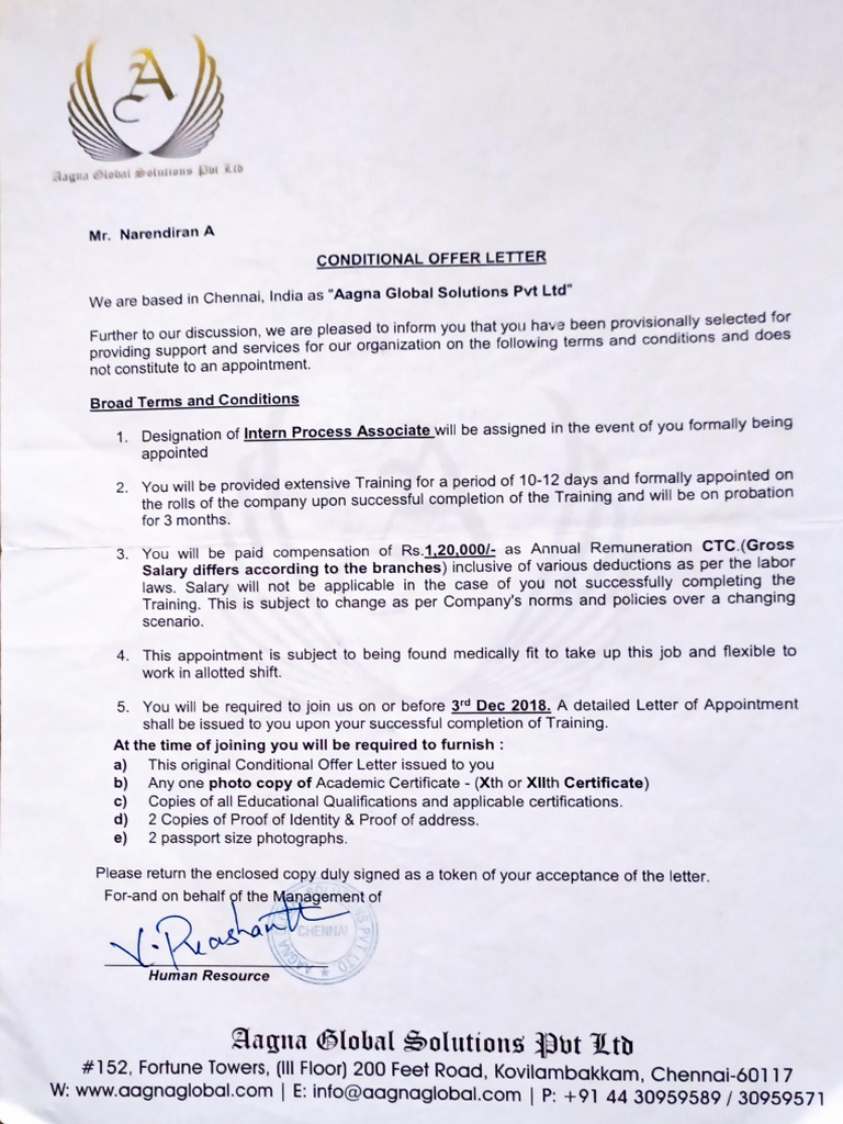Aagna Global Solutions Offer Letter | PDF