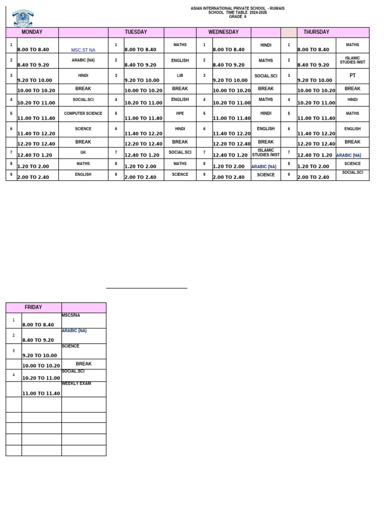 Class Time Table 2024-2025 | PDF