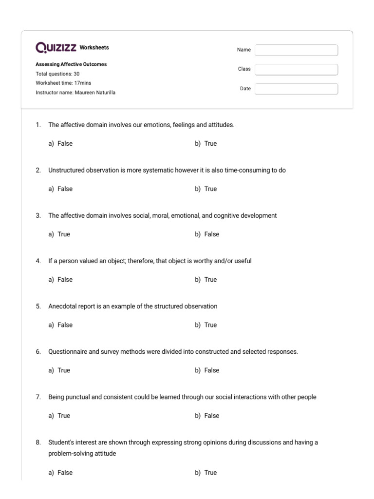 Assessing Affective Outcomes - Quizizz | PDF | Affect (Psychology ...