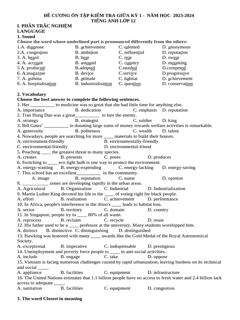 TRAC NGHIEM ON TAP GIUA HK1 Tieng Anh 12 | PDF | Urbanization | Waste