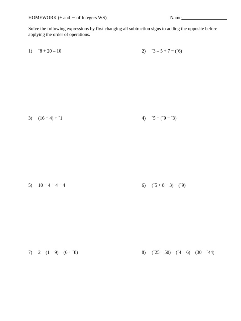 HW Add and Subtract Integers WS | PDF