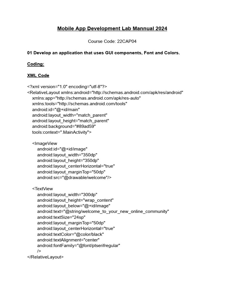 Mobile App Development Lab Mannual 2024 | PDF | Android (Operating System) | Application Software
