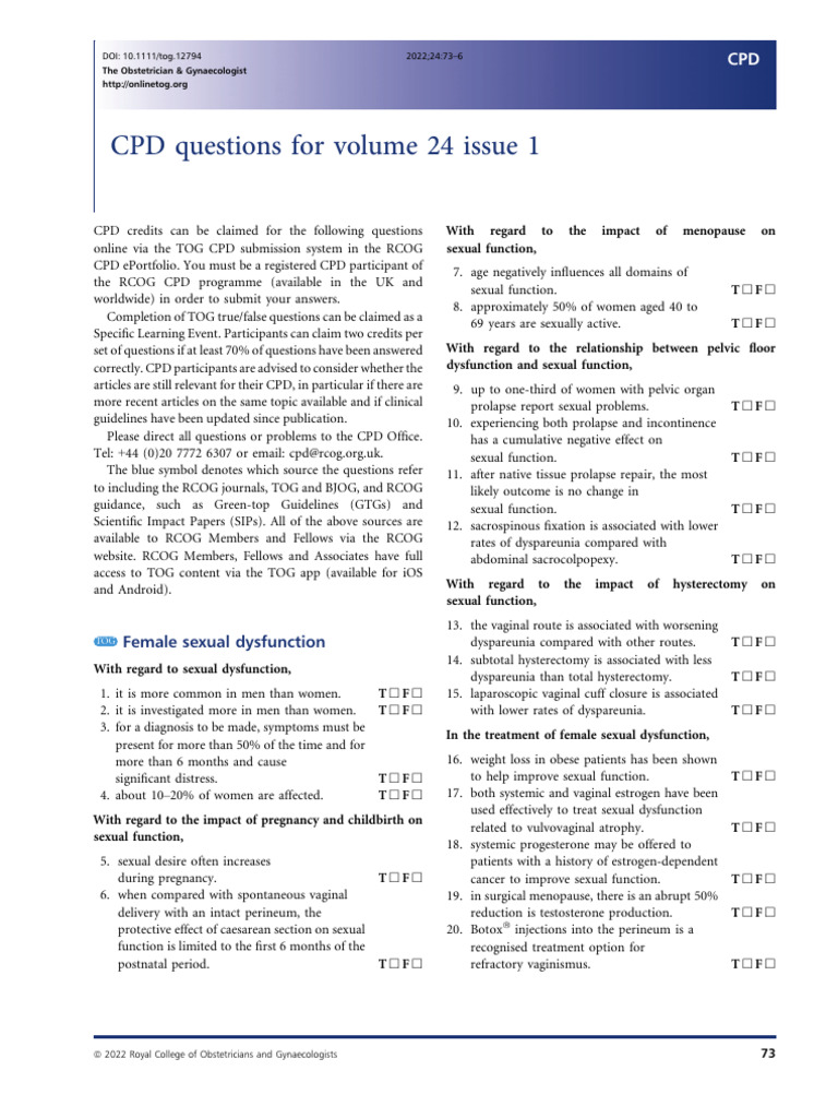 The Obstetric Gynaecologis 2022 CPD Questions For Volume 24 Issue | PDF | Cervical Cancer | Cancer