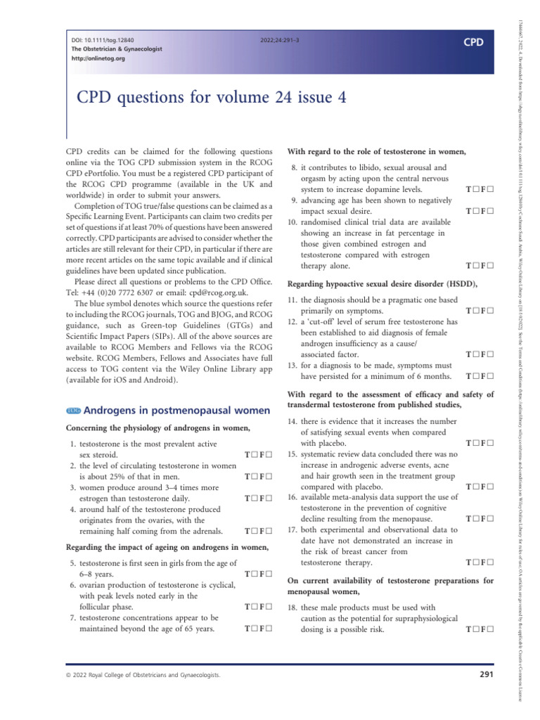 CPD Questions For Vol 24 Issue 4 | PDF | Miscarriage | Testosterone
