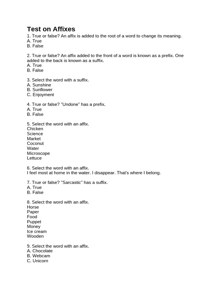 Test On Affixes | PDF | Cooking, Food & Wine | Language Arts & Discipline