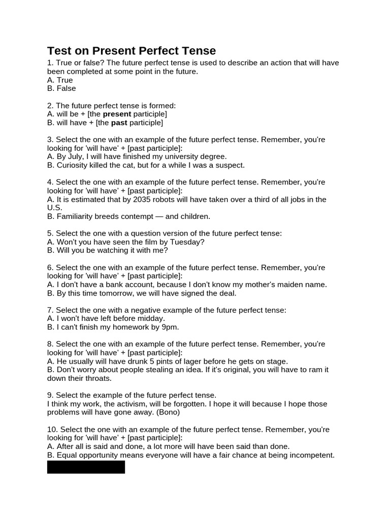 Future Perfect Tense Quiz | PDF