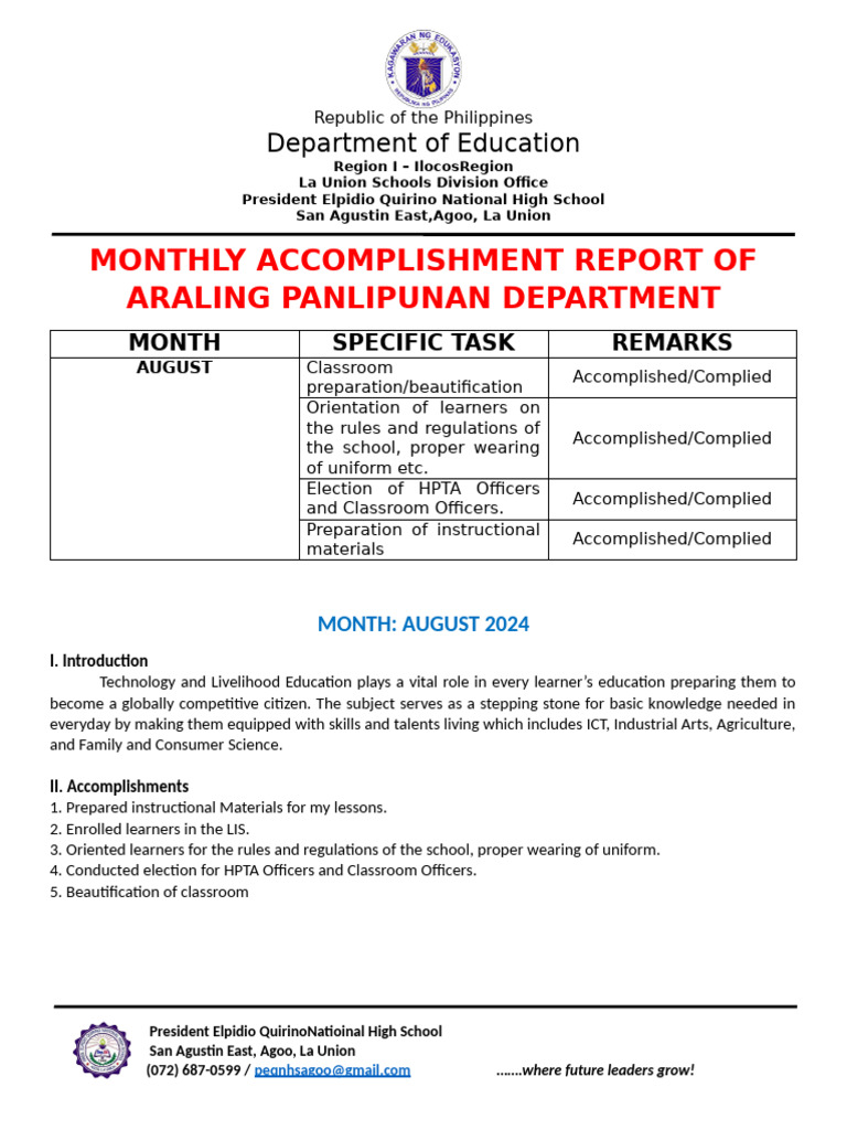 Monthly Accomplishment Report of Tle-Manuel S. Laron | PDF | Behavior ...