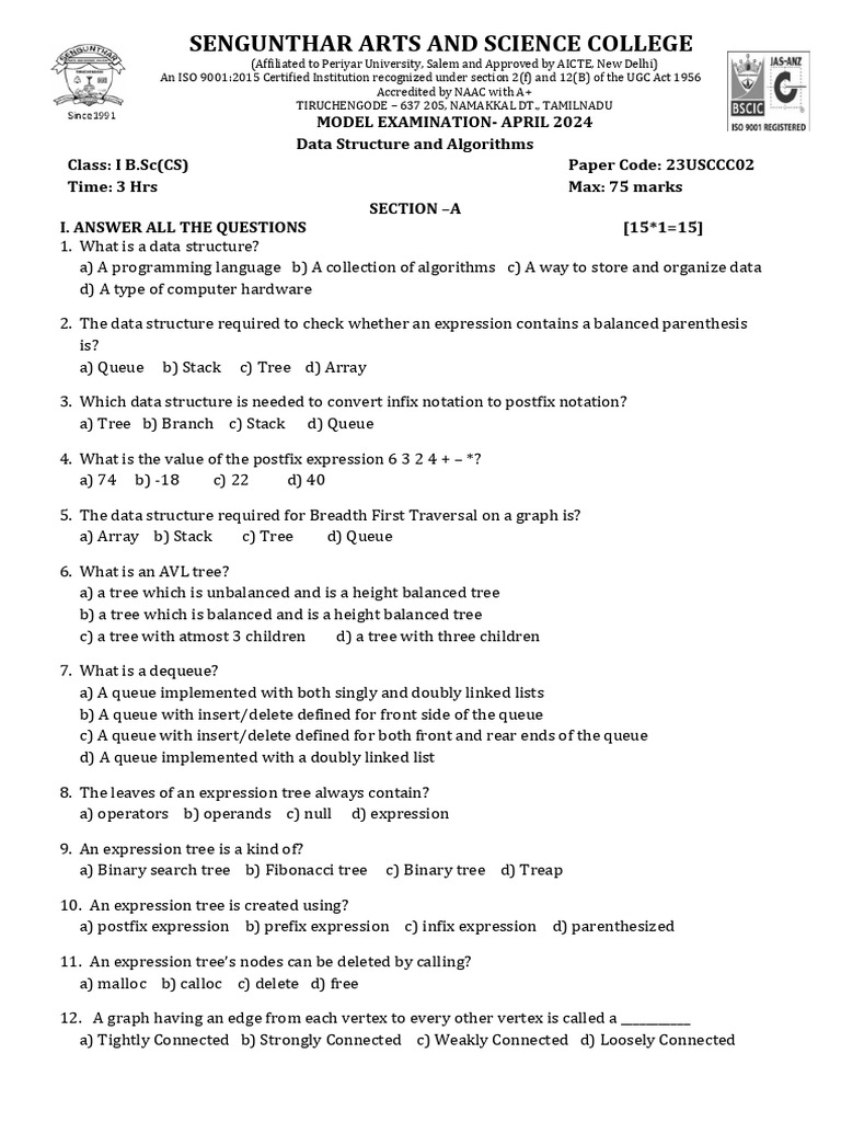 Data Structures Exam April 2024 | PDF | Queue (Abstract Data Type ...
