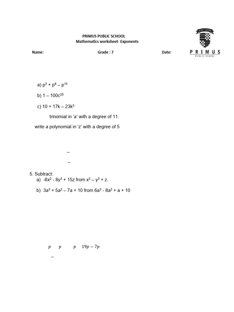Algebra Worksheet-1 | PDF