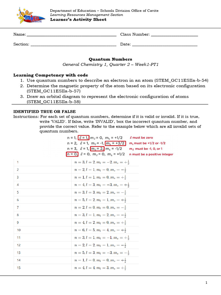 Quantum Numbers Activity Sheet for Chemistry | PDF | Teaching Methods ...