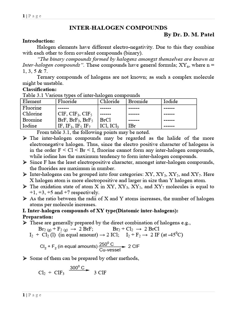Study Material On D Inter-Halogen Compounds by Dr. D. M. Patel | PDF | Chlorine | Ion