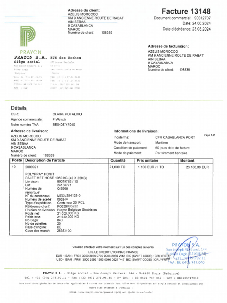 Facture 13148 - Azelis Maroc | PDF | Facture | Paiements