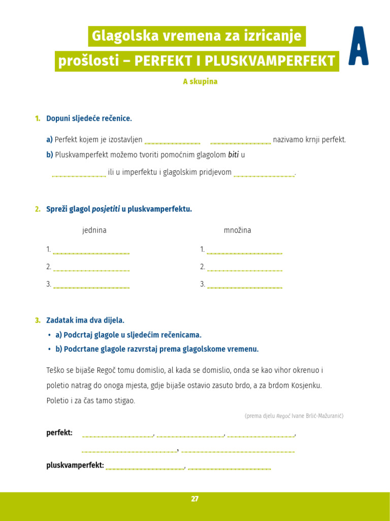 Glagolska Vremena Za Izricanje Prošlosti - Perfekt I Pluskvamperfekt - Listić Za Vježbu ...